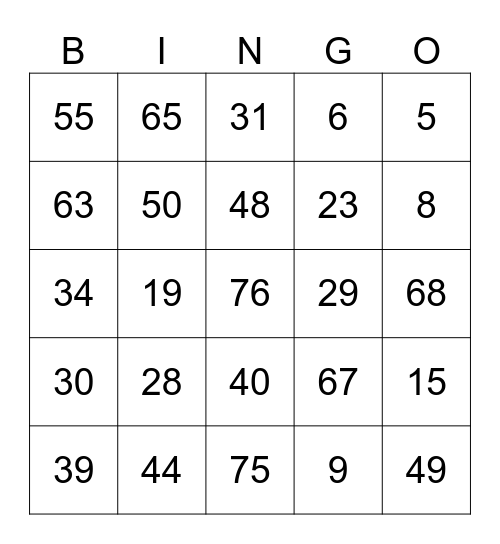 Number Bingo 1-76 Bingo Card
