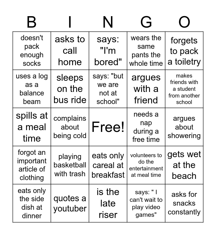 Nature's classroom bingo- for teachers! Bingo Card