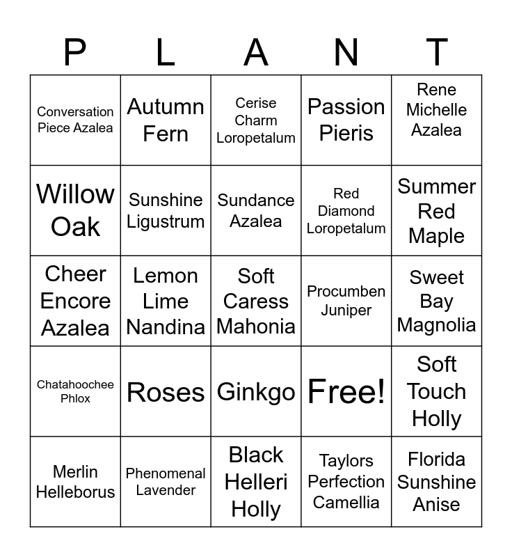 Plant Bingo Card