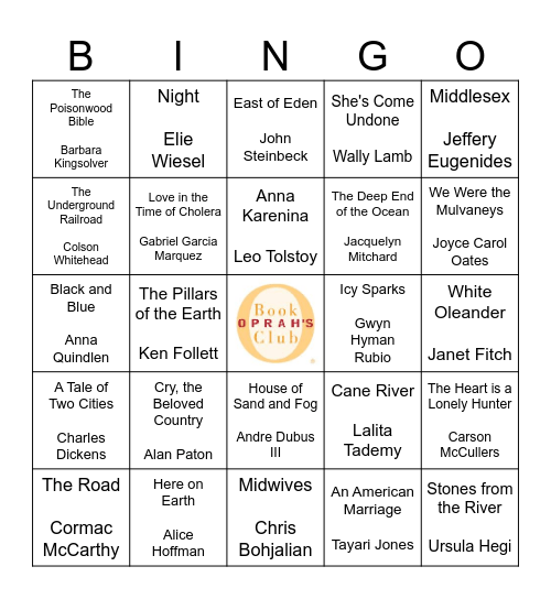 Oprah's Book Club Bingo Card