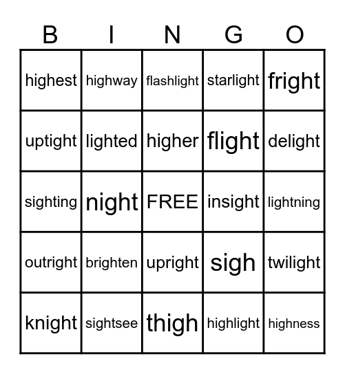 IGH Words Bingo Card