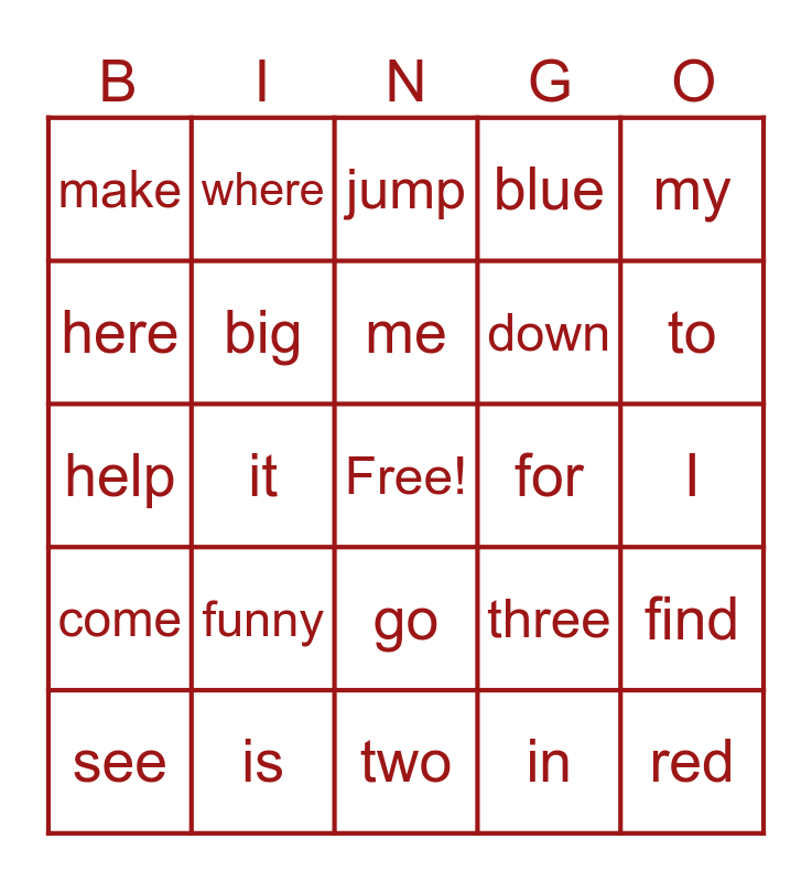 Site Word Bingo Card