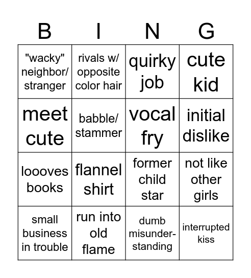 Rom Com Tropes Bingo Card