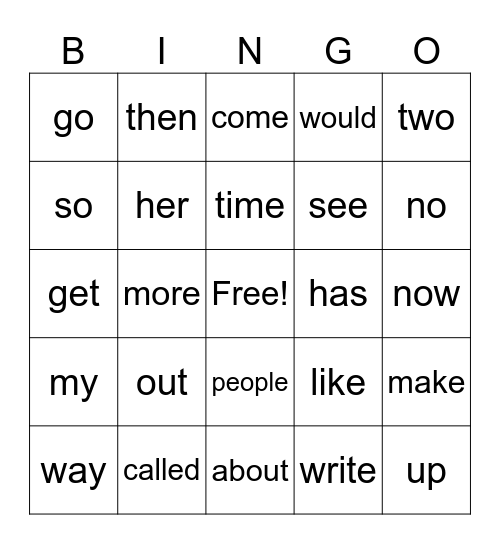 Sight Word Bingo Card