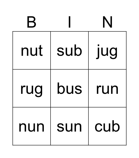 Short Vowel U Bingo Card
