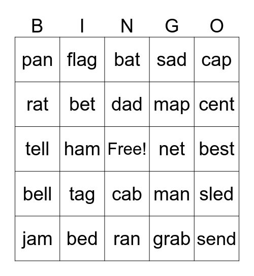 Short a and Short e Word Family Bingo Card