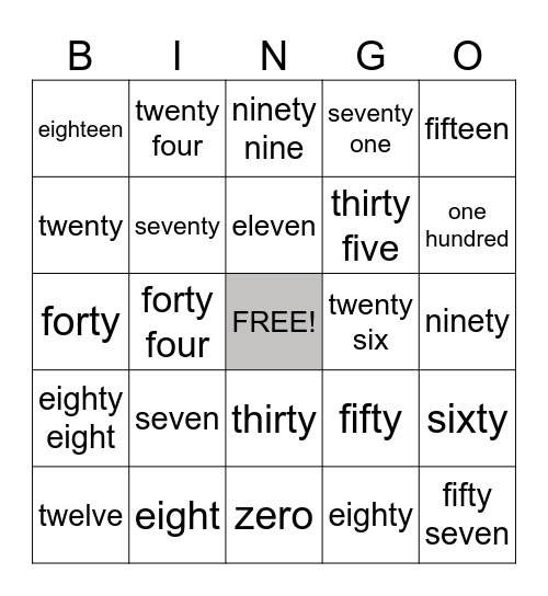 Numbers Bingo Card
