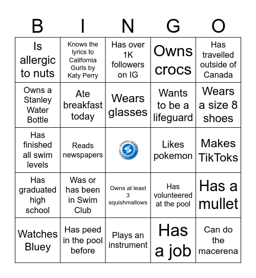 Swim Instructor Bingo Card
