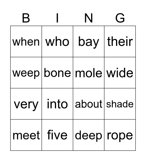 KIndergarten Long Vowels Bingo Card