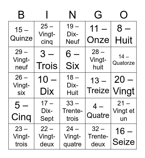 Les nombres Bingo Card