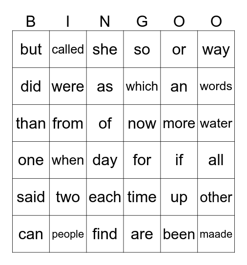 Fry Sight Word Bingo Card
