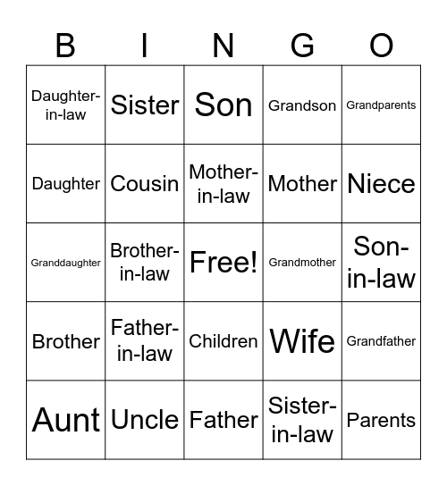 SBS Chapter 6 - Family Vocabulary Bingo Card