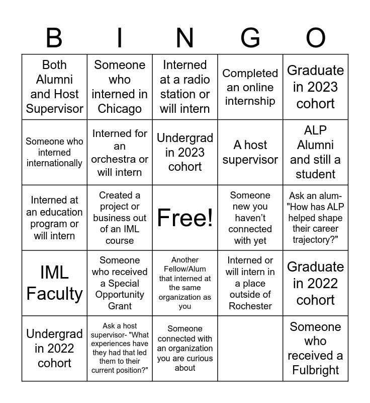 ALP Social BINGO Card