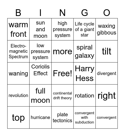 Earth and Space Bingo Card