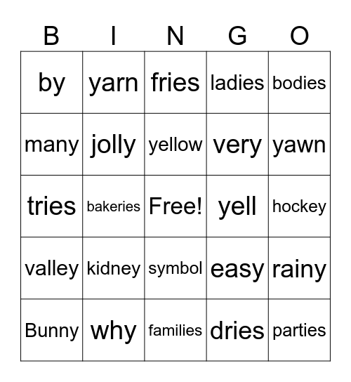 Tricky Y Bingo Card