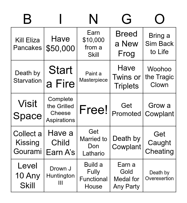 Sims 4 Bingo Card