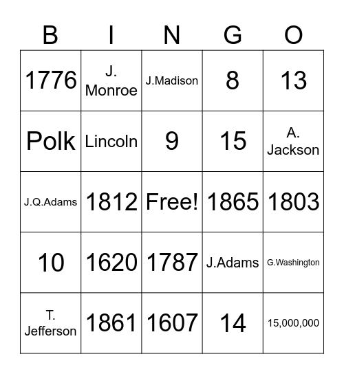 8th Grade U.S. History STAAR Review Bingo Card