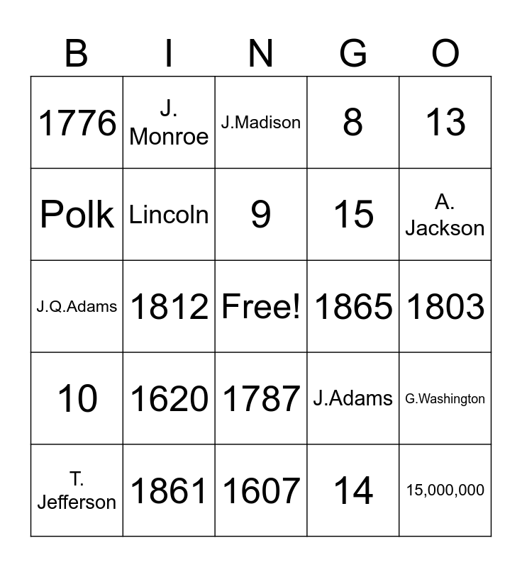8th Grade U.S. History STAAR Review Bingo Card
