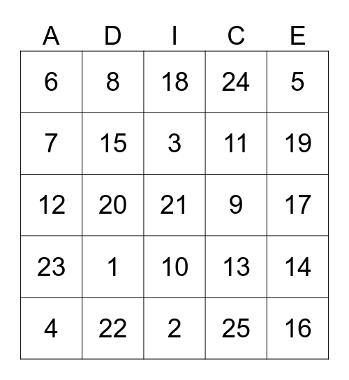 Tic Tac Toe Dice Bingo Card