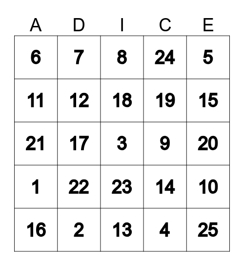 Tic Tac Toe Dice Bingo Card