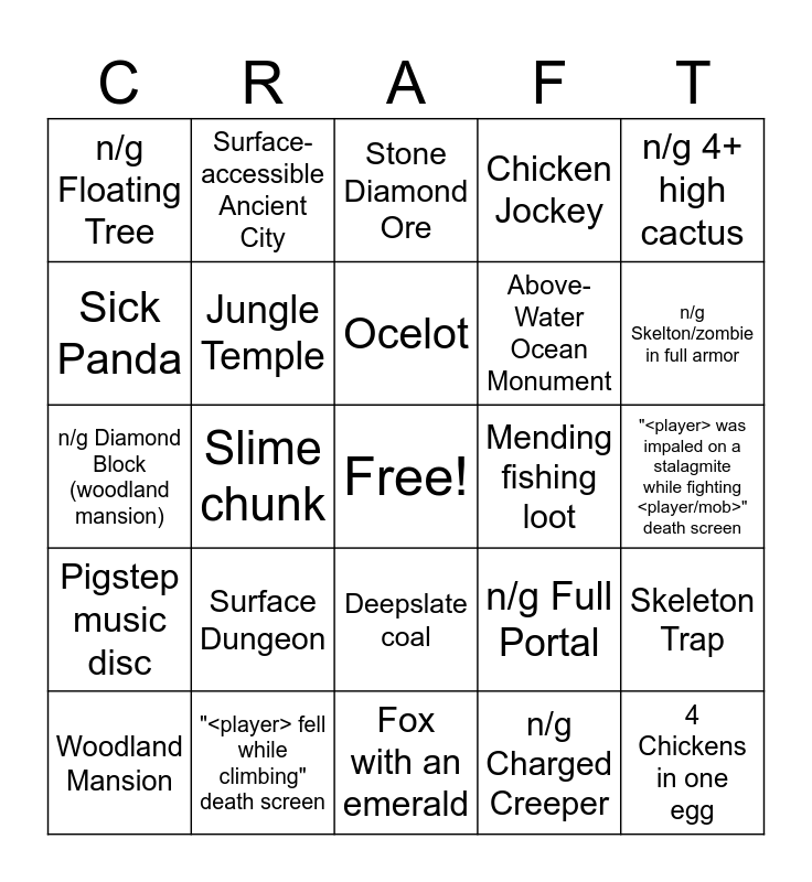 Minecraft Rare Occurances Bingo Card