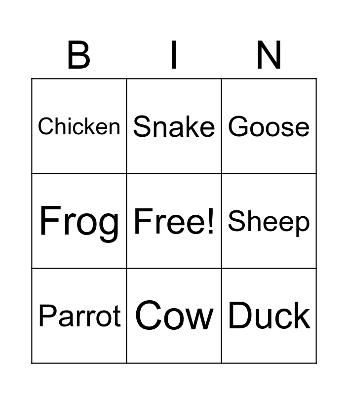 Animal sound bingo Card