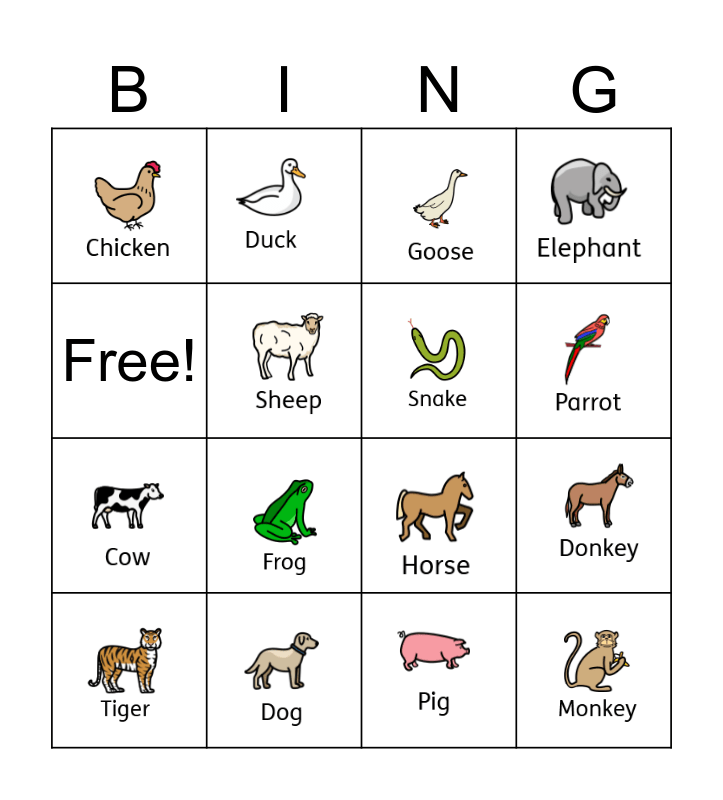 Animal sound bingo Card
