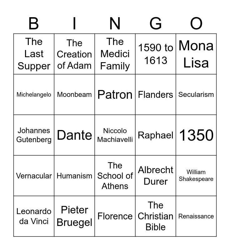 The Renaissance Bingo Card