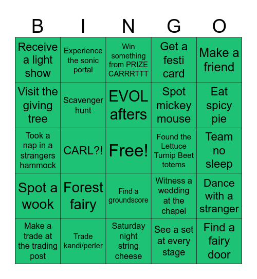 Electric Forest Bingo Card