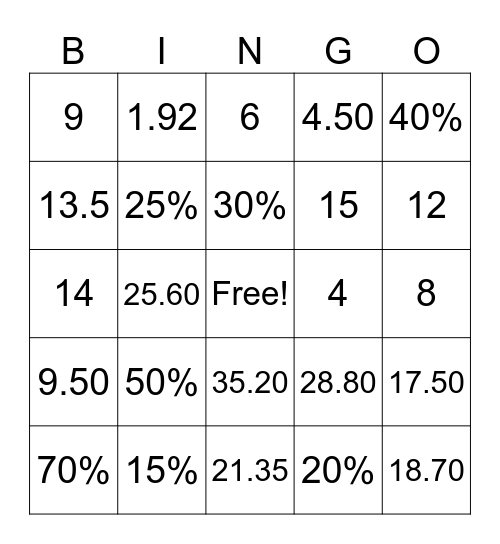 Proportions Bingo Card