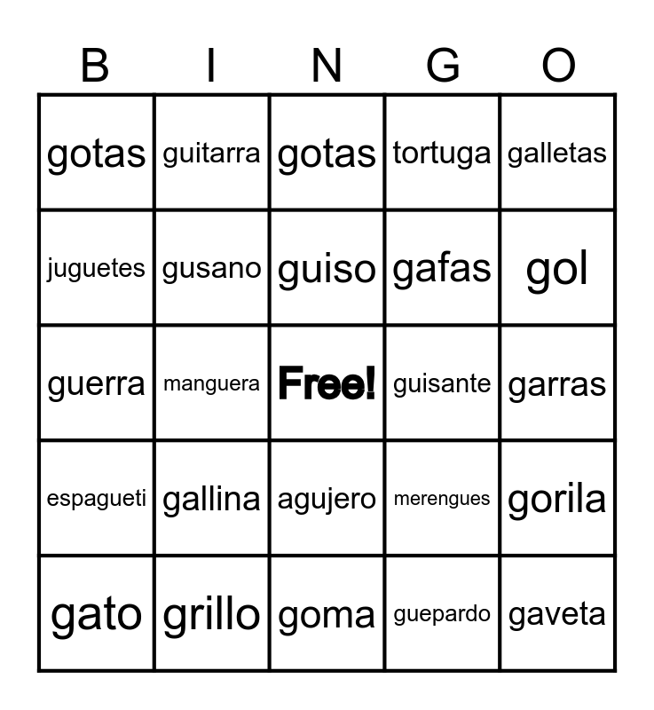 Palabras con ga, go, gu, gue, gui Bingo Card