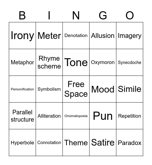 Poetic Devices Bingo Card