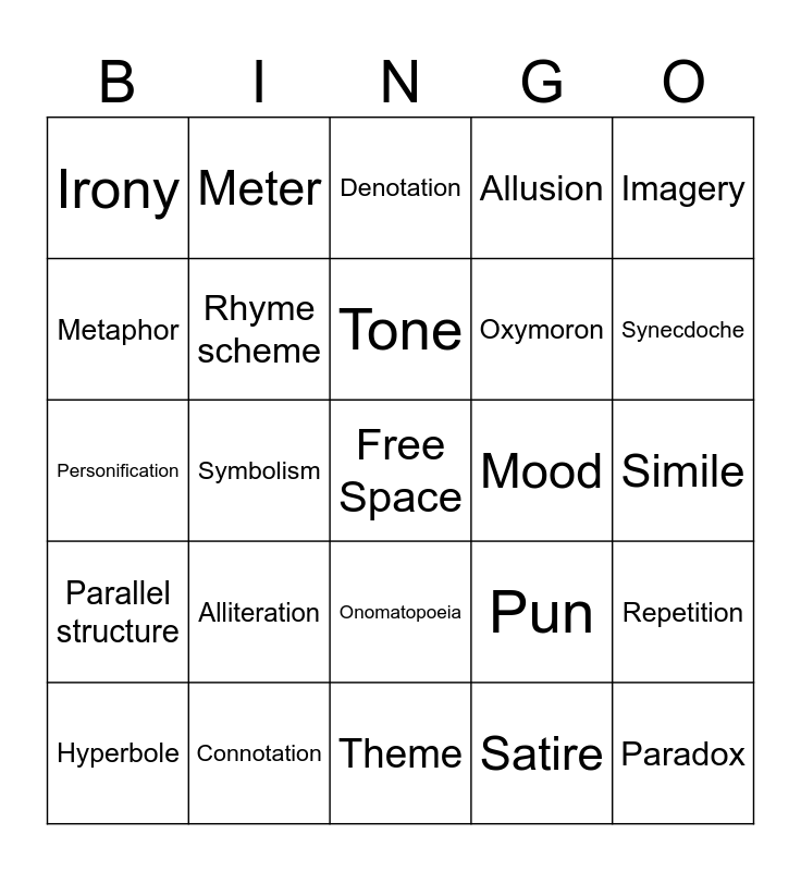 Poetic Devices Bingo Card