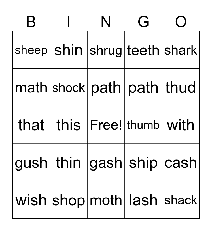 sh and th digraphs Bingo Card