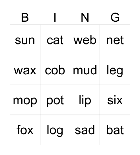 CVC words Bingo Card