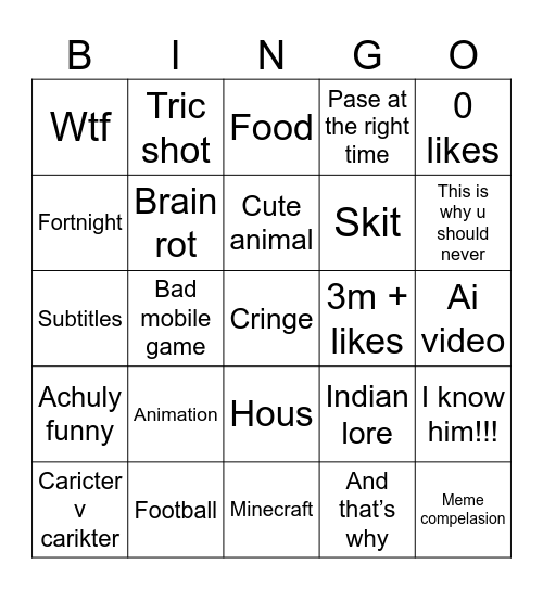 Yt shorts Bingo Card