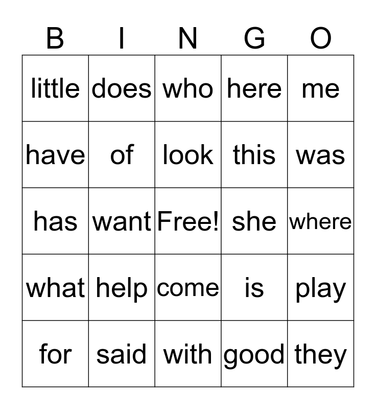 Kindergarten HFW Bingo Unit 6-10 Bingo Card