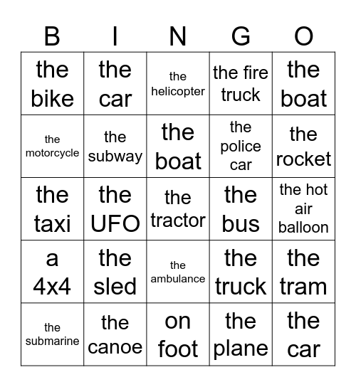 Les moyens de transport Bingo Card