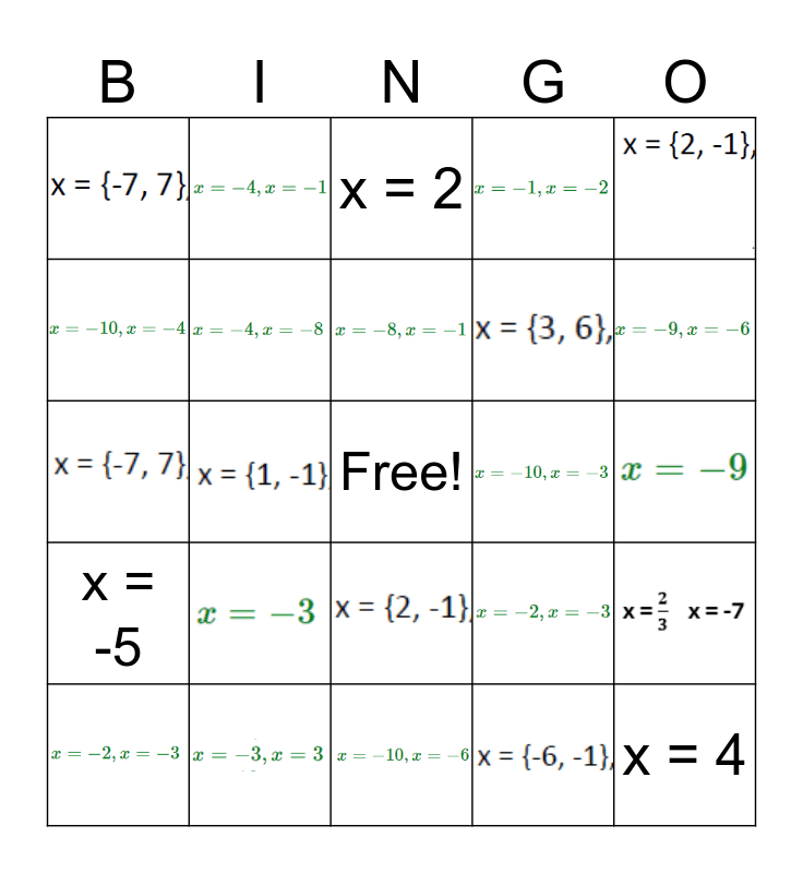 Finding Roots/Zeroes/Solutions for Quadratic Function Bingo Card