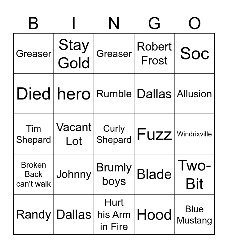 The Outsiders Bingo Card