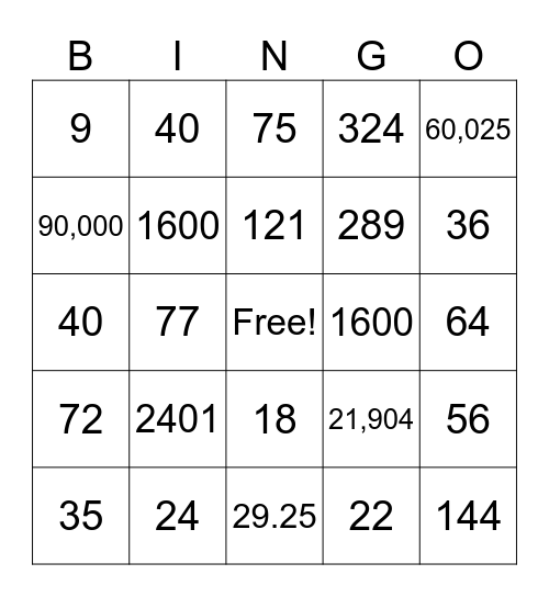 Area of a Square and Rectangle Bingo Card