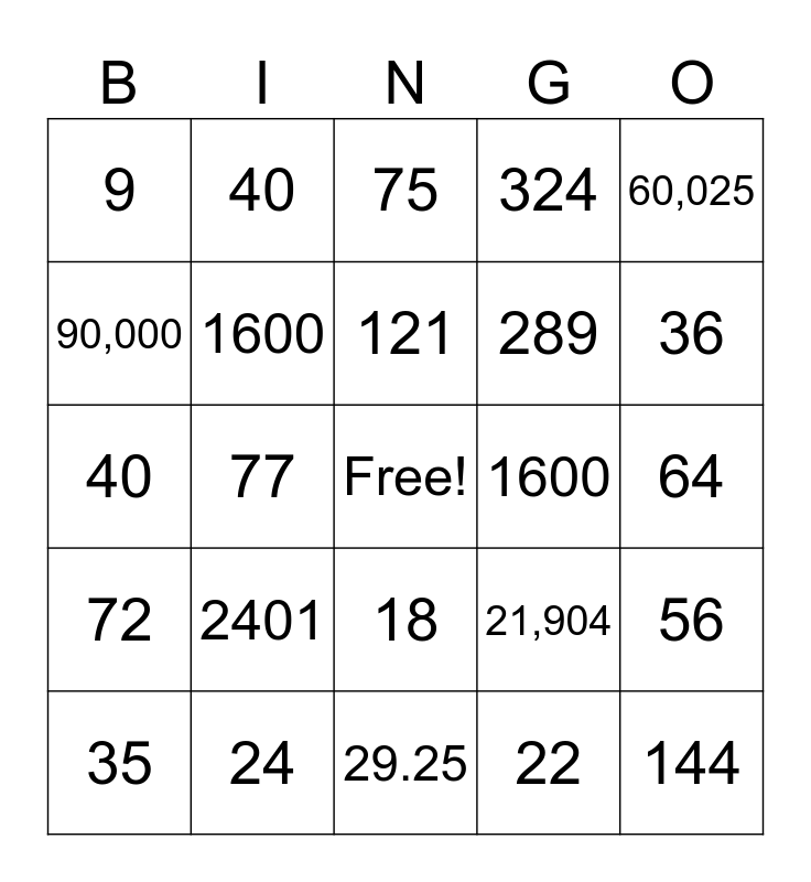 Area of a Square and Rectangle Bingo Card