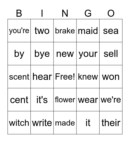 Homophones Bingo Card