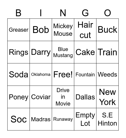 The Outsiders Bingo Card