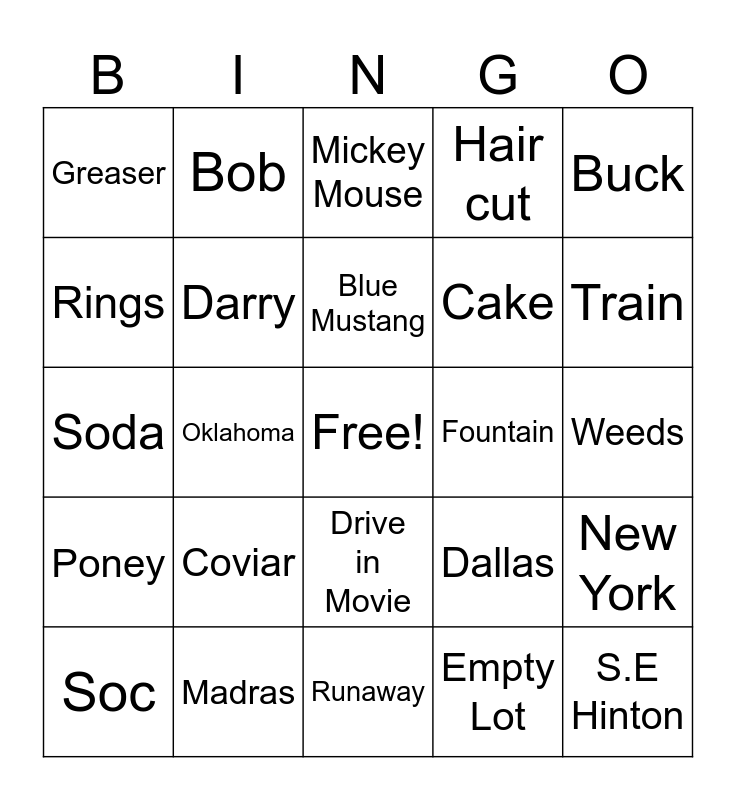 The Outsiders Bingo Card