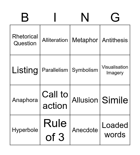 Rhetorical Devices Bingo Card