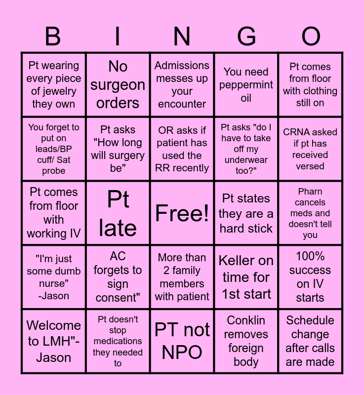 Pre op Nurses Week Bingo Card