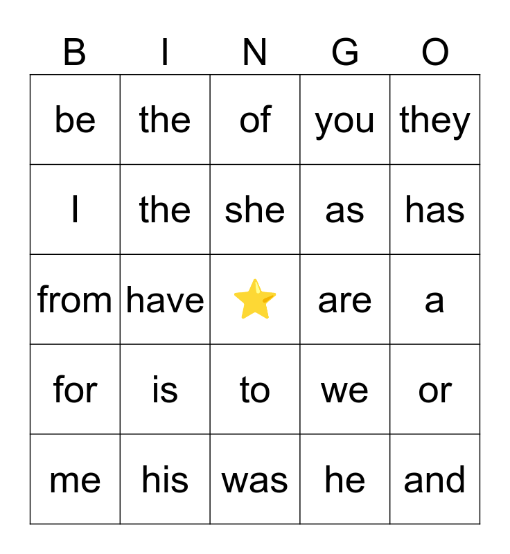 Trick Word Bingo Card