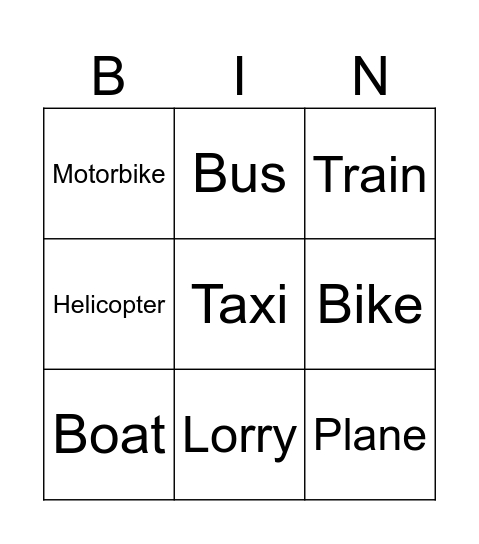 Means of Transport Bingo Card