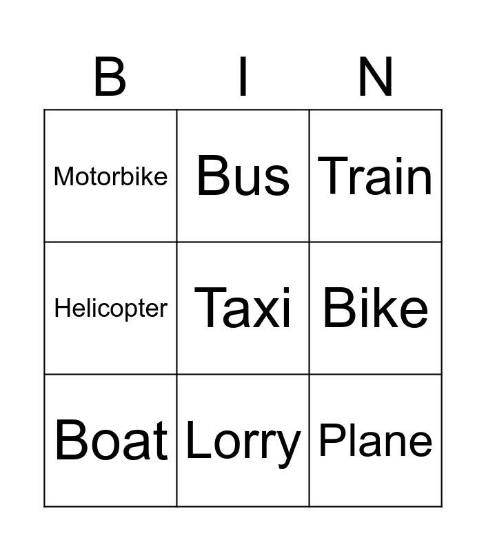 Means of Transport Bingo Card